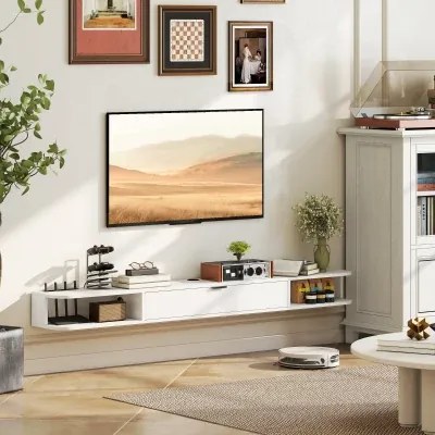 HOMCOM nástěnný TV nábytek, TV stolek pro televize až 190,5 cm, sklápěcí zásuvka, 2 police, 180x24x16 cm, bílá