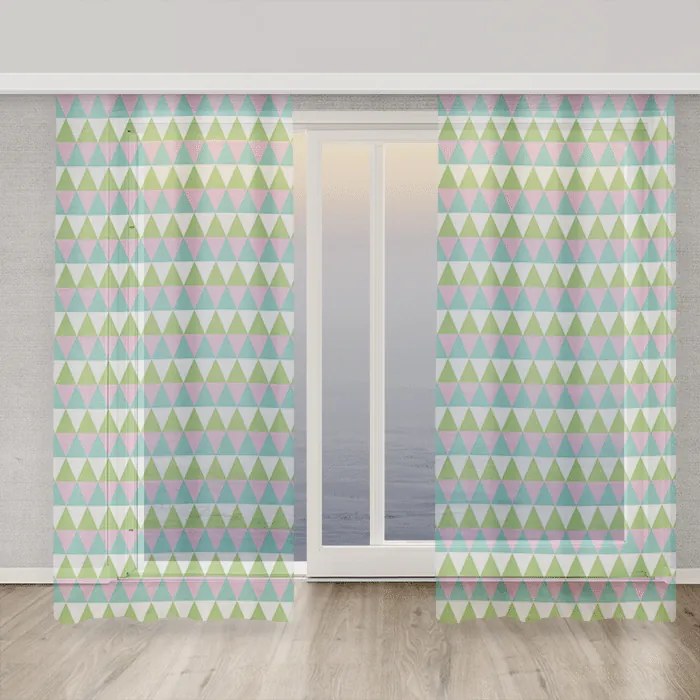 Textilesland Záclona s 3D foto potiskem MULTITRIANGLES GREEN 1: s kroužky / obyčejnými kroužky (vnitř. šiř. 40 mm)