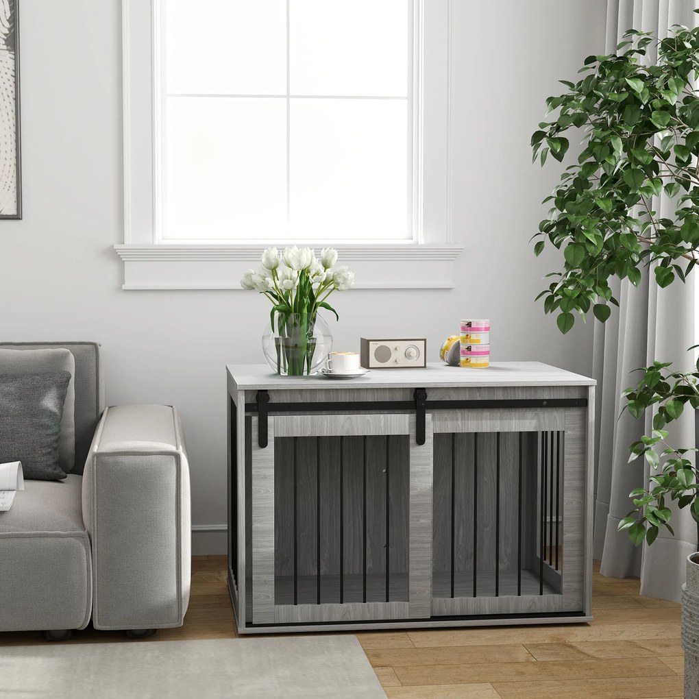 Domácí klec pro psy PawHut, uzamykatelná bouda pro psy s vchodem, box pro psy s posuvnými dveřmi, bouda pro velké psy do 30 kg, šedá, 98 x 58 x 61 cm