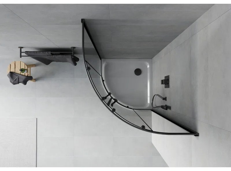 Mexen Rio, čtvrtkruhový sprchový kout s posuvnými dveřmi 90 (dveře) x 90 (dveře) x 190 cm, 5mm šedé sklo, černý profil + bílá sprchová vanička Slim, 863-090-090-70-40-4110B
