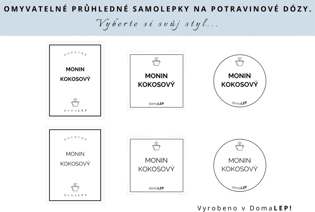 MONIN KOKOSOVÝ - omyvatelná samolepka na dózu, výběr rozměrů Ø 5 cm / 5 x 5 cm / 6 x 8 cm | DomaLEP tvar: KOLEČKO, barva: PRŮHLEDNÁ - ČERNÉ písmo, velikost: Ø 5 cm - základní písmo
