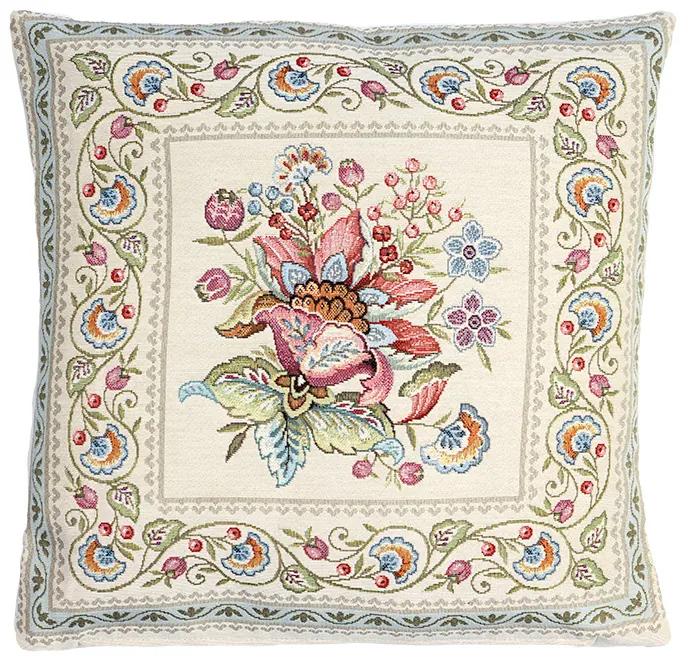 Gobelínový povlak na polštář - květy s folklorním lemováním