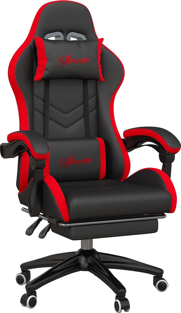 Ergonomická herní židle Vinsetto z PU kůže a oceli s opěrkou hlavy a nastavitelnou výškou, sklápěcí opěrkou a bederním polštářem, 65x65x121-129 cm, če