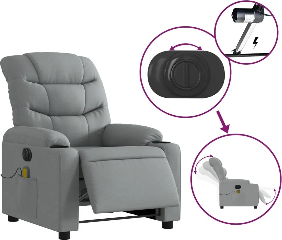 Elektrické masážní polohovací křeslo světle šedé textil 3206636