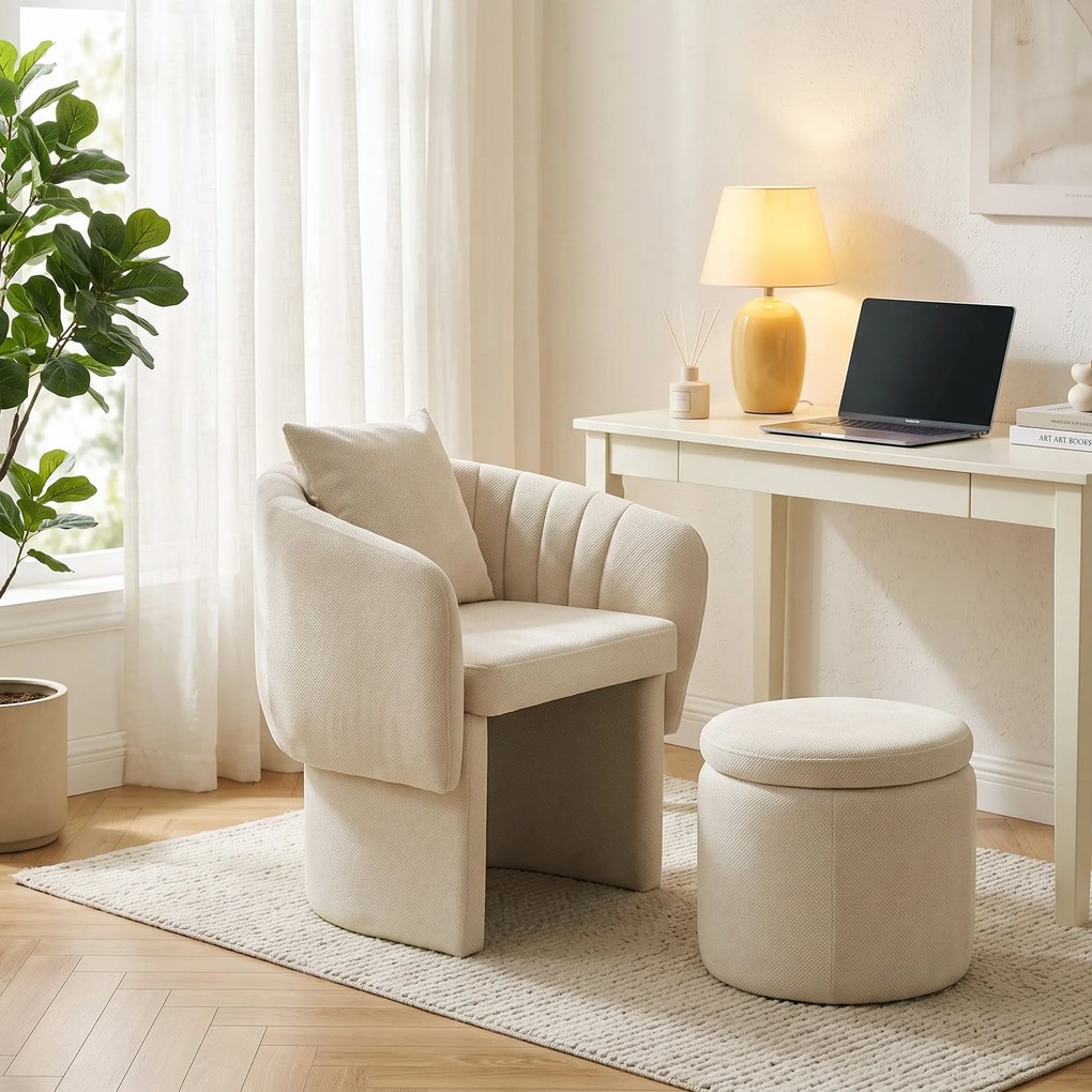 HOMCOM Relaxační křeslo s podnožkou lounge křeslo se zakřiveným opěradlem, područkami, severský čenille čalouněné béžové