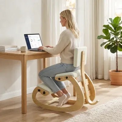 HOMCOM Ergonomická kolenní židle do kanceláře a domácnosti, vzhled lnu, břízová překližka, krémová