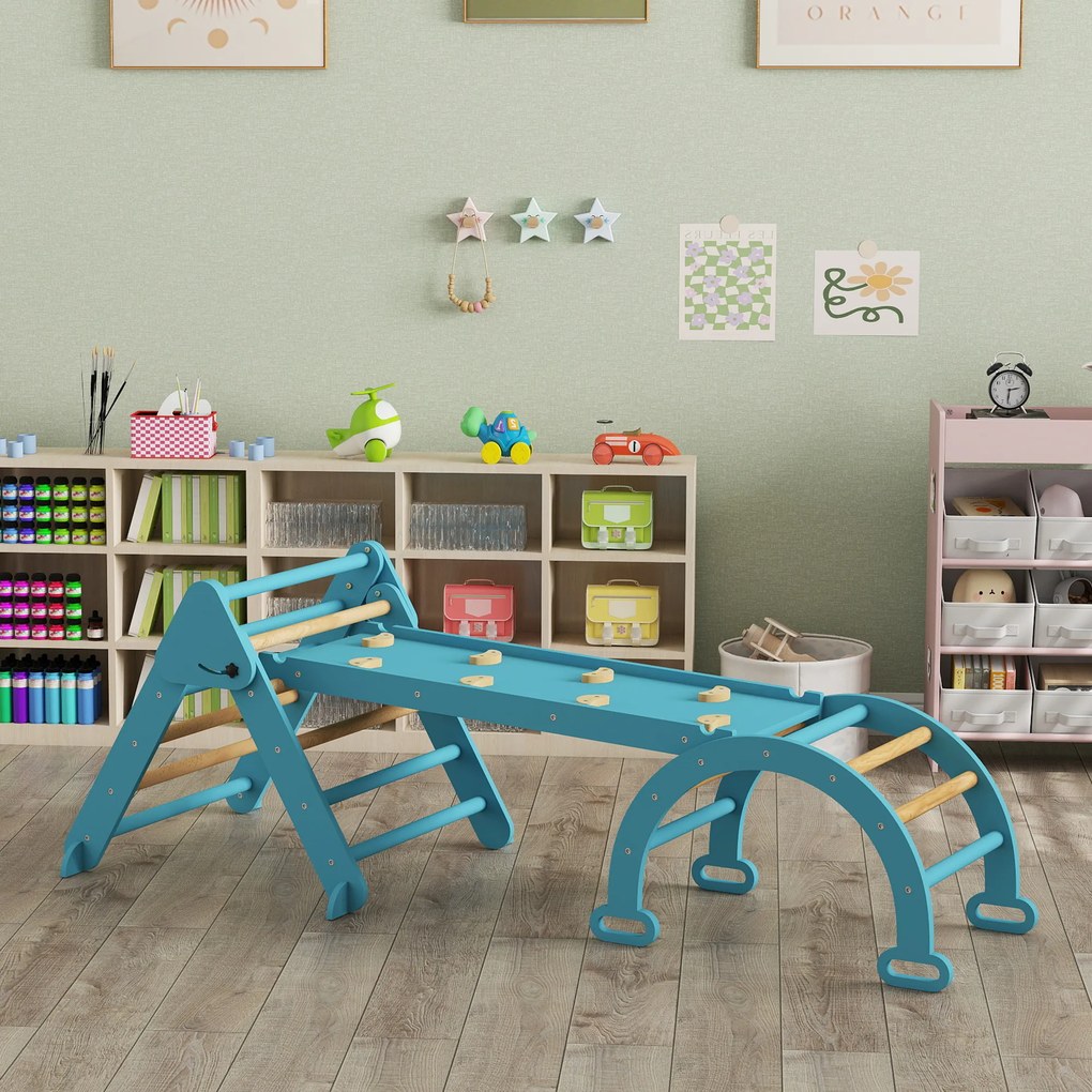 AIYAPLAY 7v1 skládací Montessori lezecí trojúhelník ze dřeva s obloukem a rampou pro děti 18-48 měsíců 188x70 cm modrá