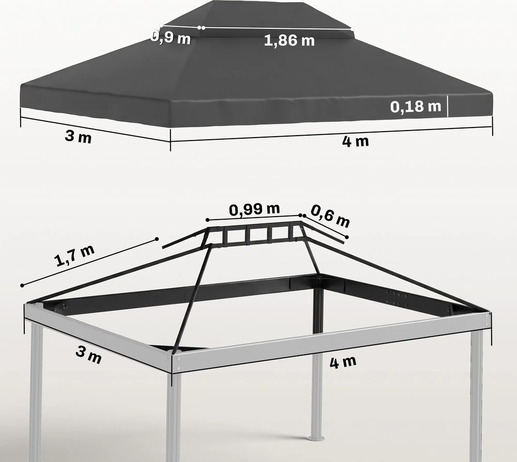 Náhradní stříška Outsunny pro altán 4 x 3m, dvojitá střecha s odtokovými otvory, vysoká hustota 370g/m² polyester, UPF30+ ochrana proti slunci, POUZE…