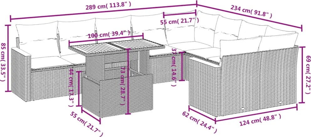 10dílná zahradní sedací souprava s poduškami černá polyratan 3273233