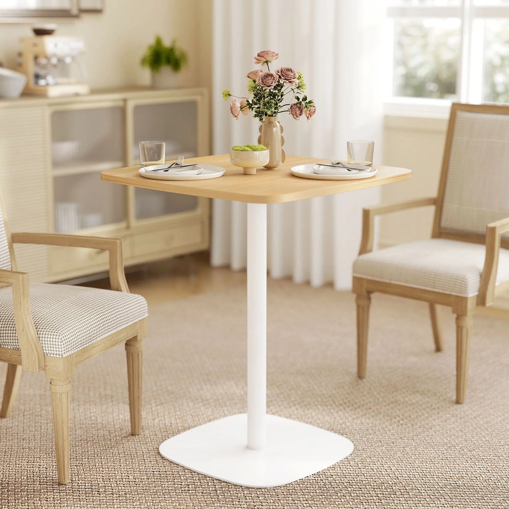 HOMCOM malý čtvercový jídelní stůl pro 2 osoby, čtvercová ocelová podstava, ideální do malých prostor — 60 x 75 cm, přírodní dřevo & bílá