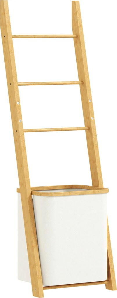 HOMCOM Koupelnový regál, 2-v-1, s 3 tyčemi, odnímatelný koš na prádlo 48 l, bambus, 43 x 35 x 133 cm, krémově bílý