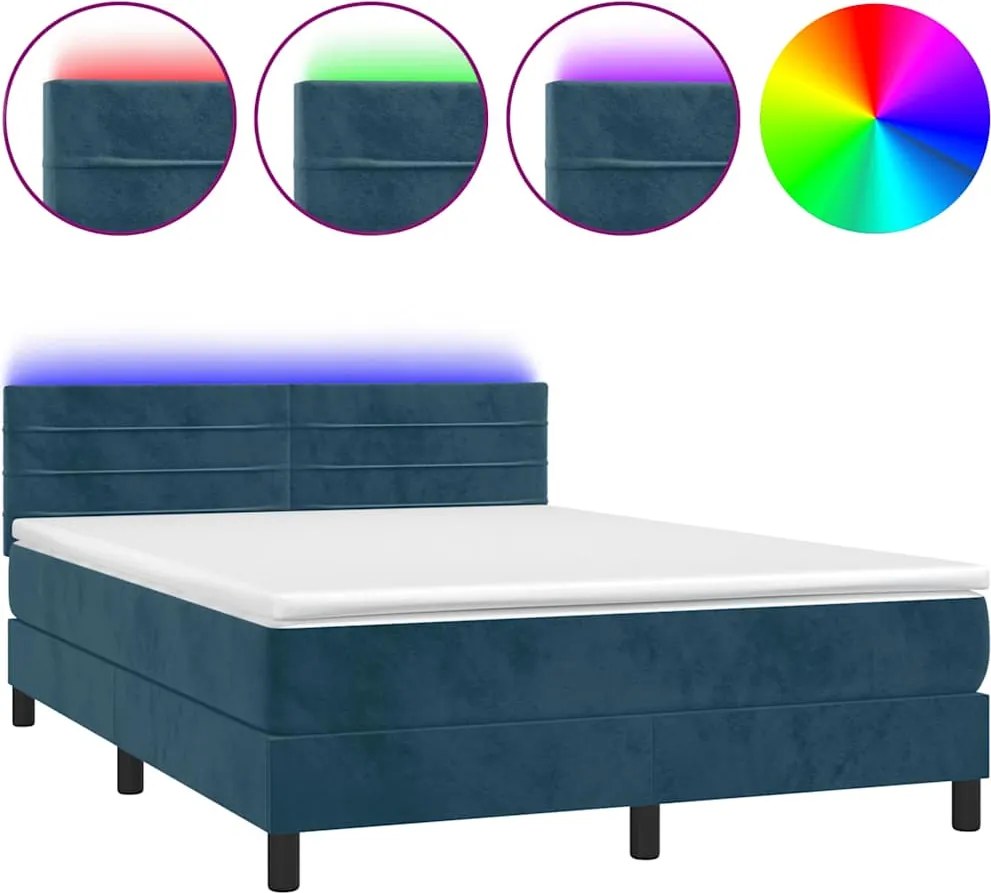 Box spring postel s matrací a LED tmavě modrá 140x200 cm samet 3134469