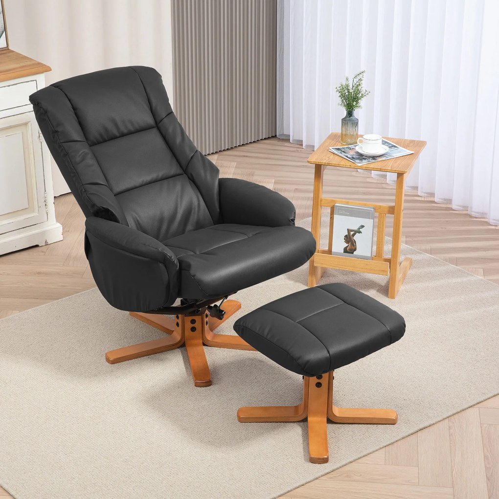 HOMCOM Relaxační křeslo s taburetem otočné o 360° naklápěcí o 130° s funkcí polohování vysoké opěradlo dřevěný rám umělá kůže černá 76x85x104cm | Aos…