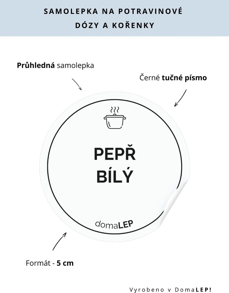 Samolepka na kořenky PEPŘ BÍLÝ průhledná 5 cm tučné písmo