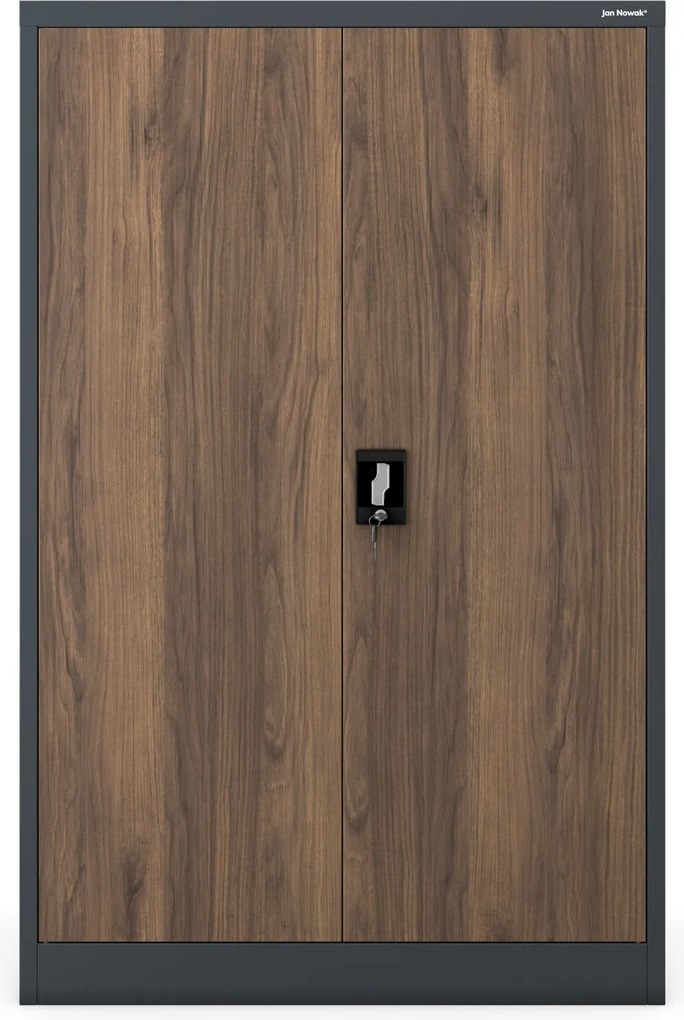Nízká kovová kancelářská skříň se 3 policemi, antracit/ořech, 900x1400x400 mm: KEVIN Eco Design