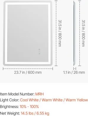 LED koupelnové zrcadlo 3 barvy proti zamlžování nástěnné toaletní zrcadlo 60 × 80 cm