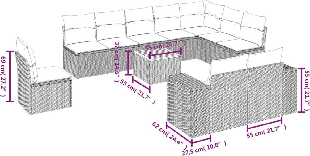 11dílná zahradní sedací souprava s poduškami šedá polyratan 3225500