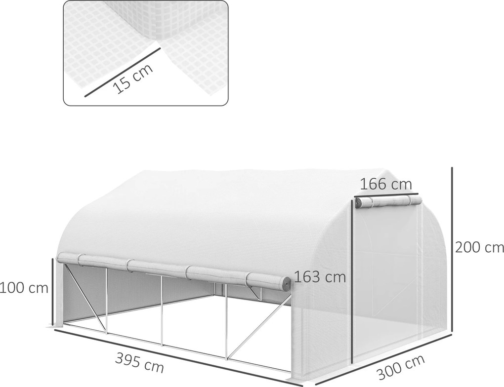 Outsunny 4x3x2m Tunnellový Skleník s Mřížkovanými Dveřmi a 8 Okny - Zahradní Skleník s Špičatou Střechou a Rolovacími Stranami pro Pěstování Plodin a…