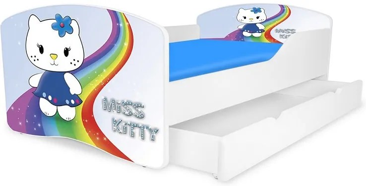 Dětská postel MISS KITTY s duhou se šuplíkem - rainbow - Rozměry 160x80 cm