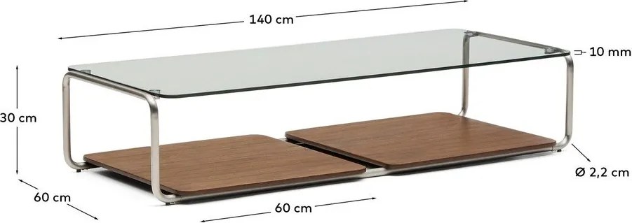 Tmavě hnědý konferenční stolek se skleněnou deskou 60x140 cm Tarsel – Kave Home