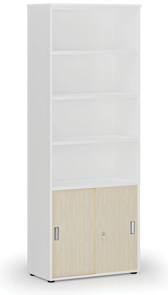 Kombinovaná kancelářská skříň PRIMO WHITE, zasouvací dveře na 2 patra, 800 x 420 x 2128 mm, bílá/bříza