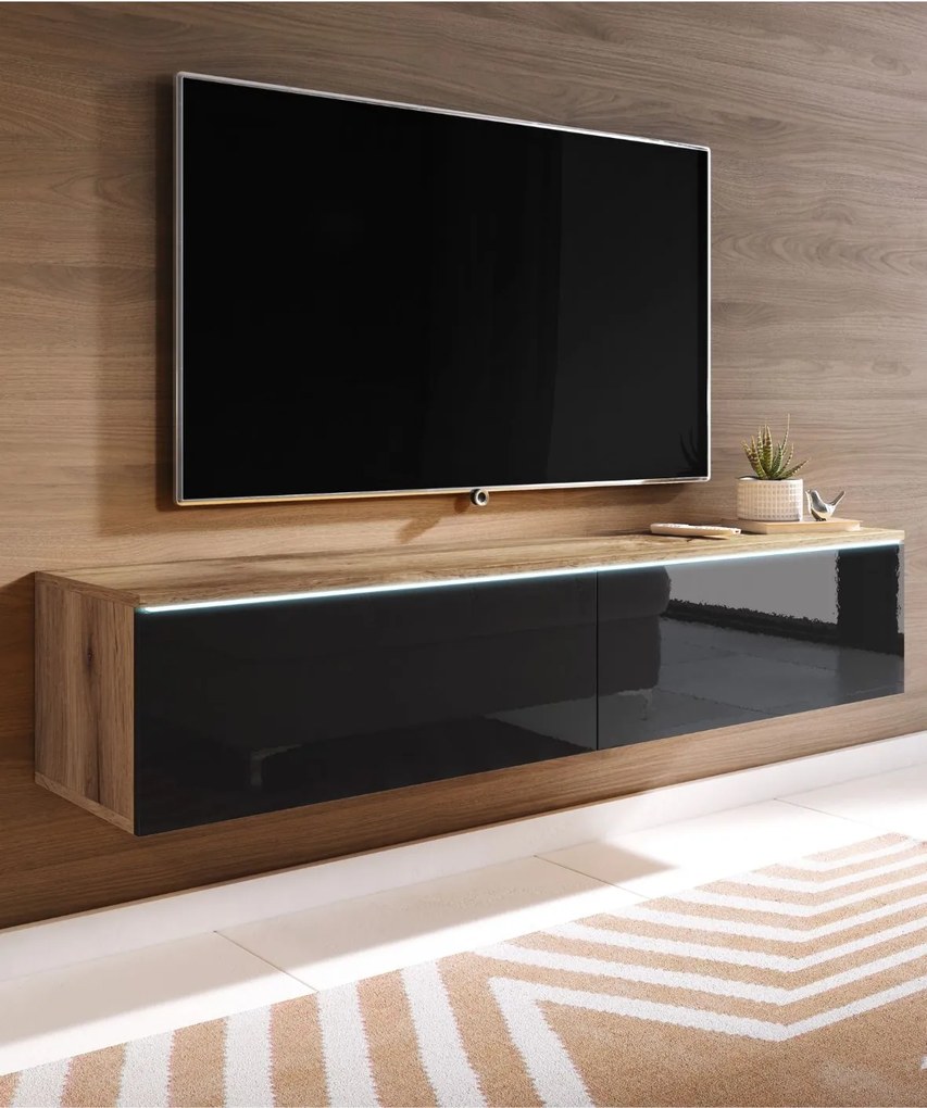 TV stolek LED 140 cm závěsný nebo stojící dub wotan/černý lesk Lowboard D