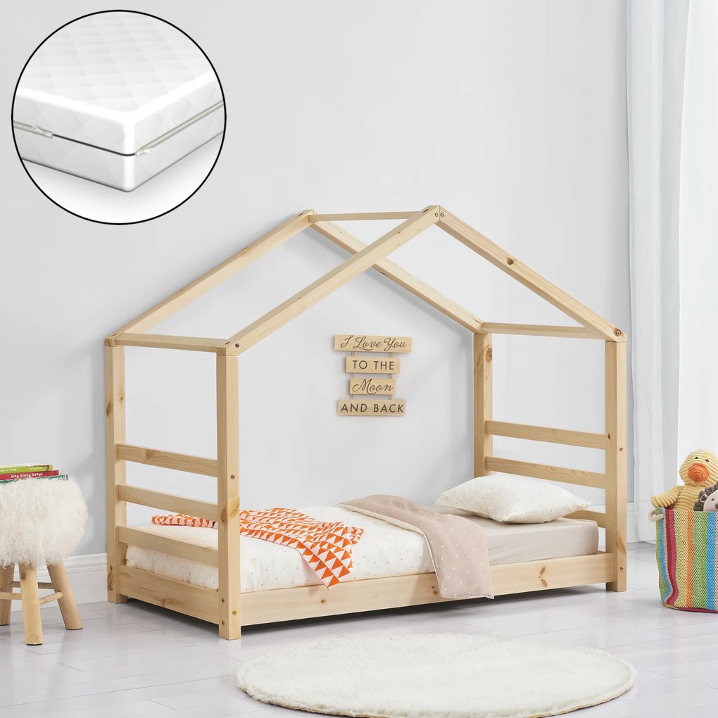[en.casa] Dětská postel domeček AAKB-8695 borovice 70x140 cm s matrací a roštem