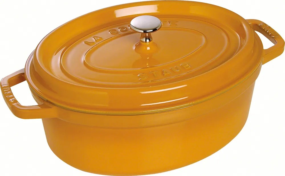 Staub Litinový hrnec s poklicí Cocottes oválný hořčicová 31 cm 5,5 l