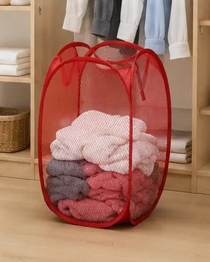 koš na prádlo, bez víka, přenosný, skládací, pevná síťovina, 45x30x30 cm, červená, Dekorino KP20260007
