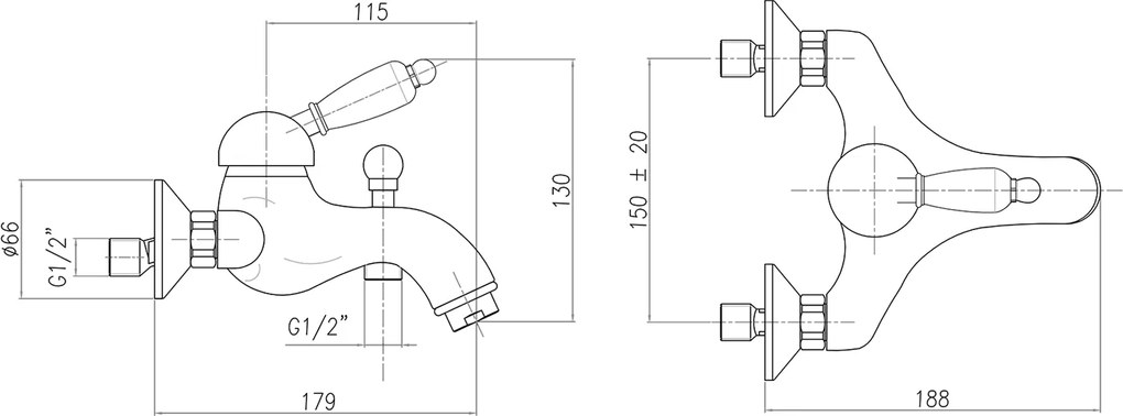 Sapho, KIRKÉ BLACK nástěnná vanová baterie, černá páčka, chrom, KI10NC