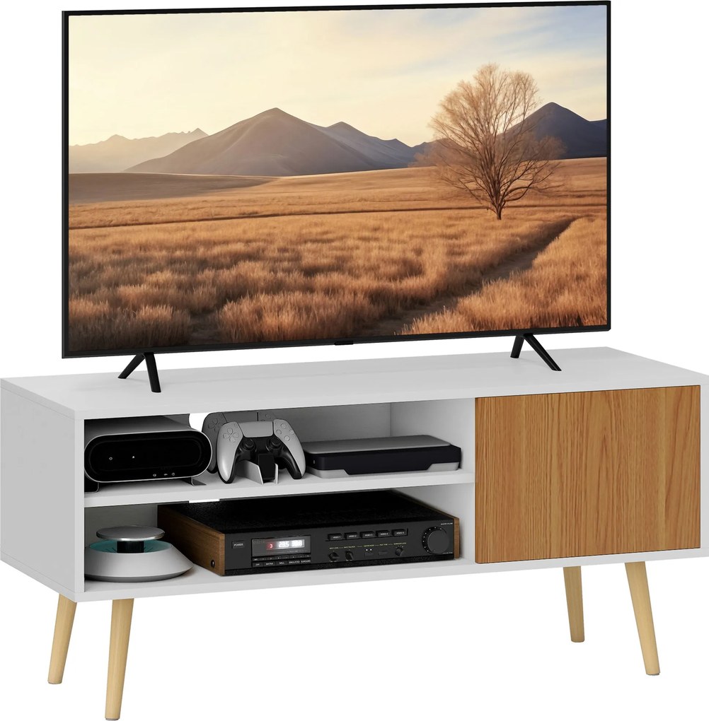 HOMCOM Moderní TV stolek pro obývací pokoj s 2 otevřenými policemi, 1 dvířky a otvorem na kabely pro TV do 55 palců 110x40x50cm Bílá a přírodní | Aoso