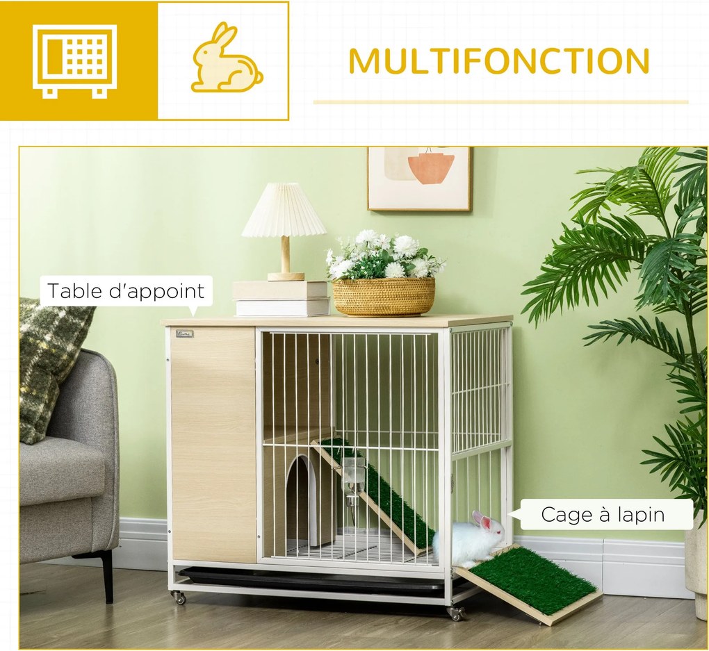 PawHut Klec pro králíky na kolečkách s otevírací střechou, podlážkou a odnímatelným šuplíkem - Přírodní 78 x 52,5 x 76,5 cm