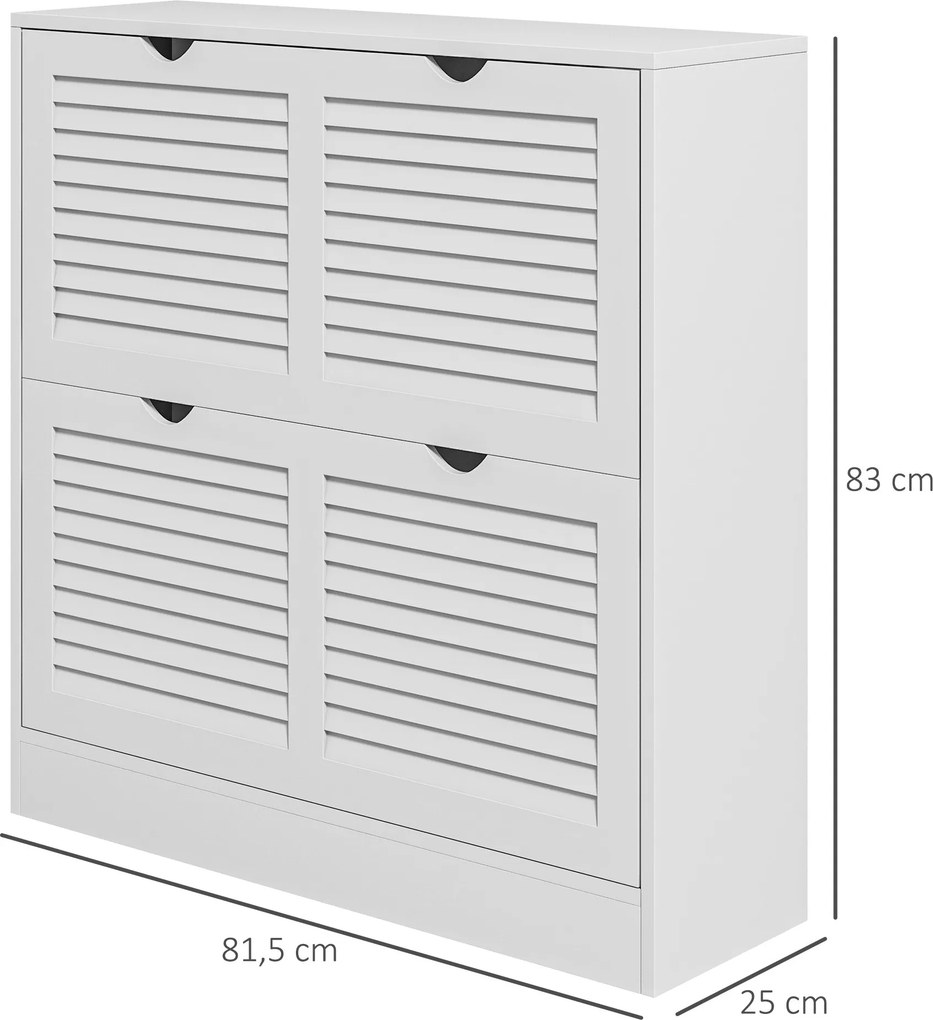 HOMCOM Moderní Botník se 2 Vytahovacími Zásuvkami a Nastavitelnými Policemi pro 16 Párů Bot, Úzký Botník do Předsíně 81,5x25x83 cm Bílý