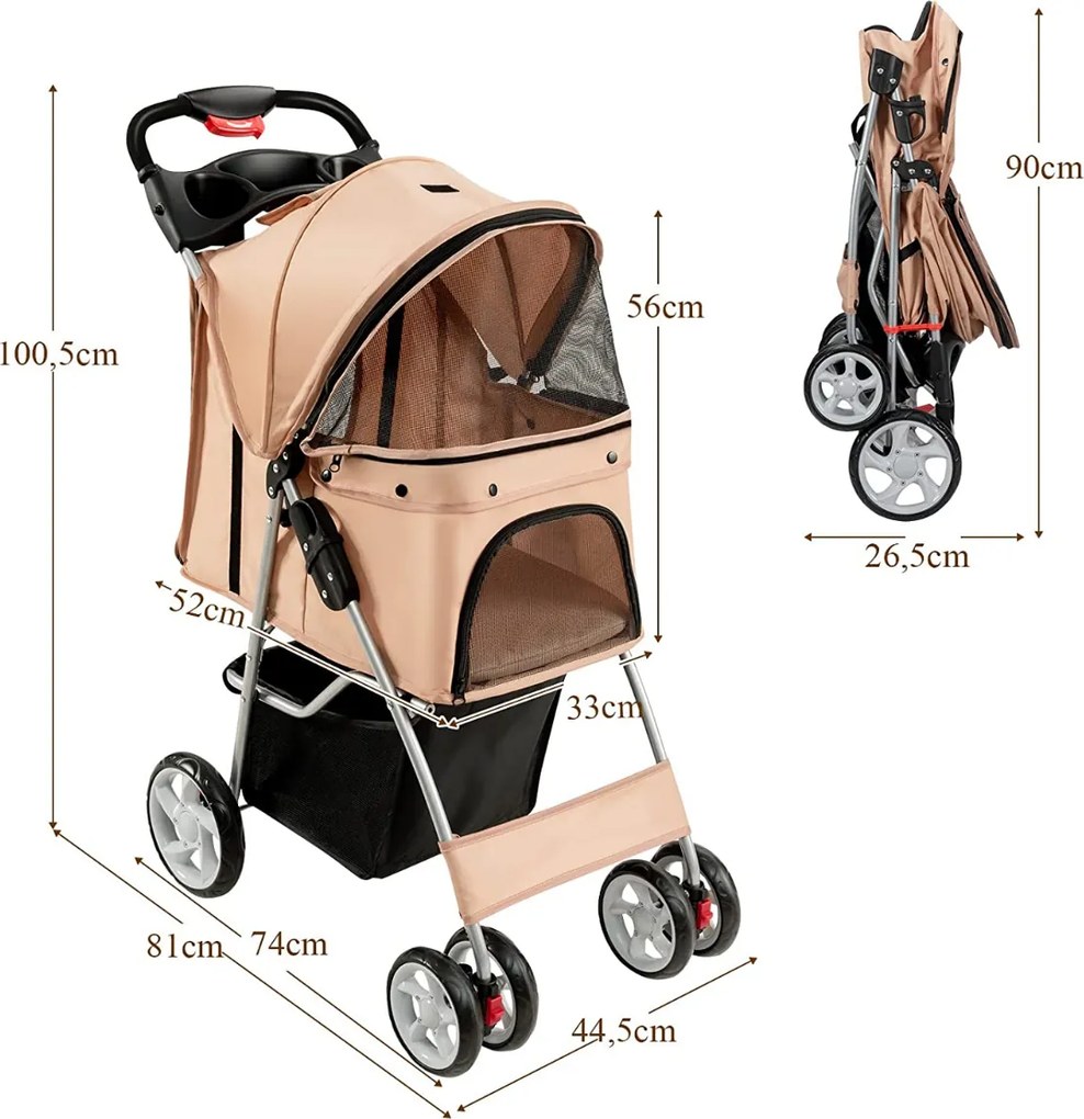 Costway Kočárek pro psy mazlíčky buggy do 15 kg – 81 × 45 × 101 cm, béžový