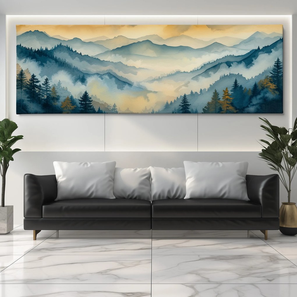 Obraz na plátně - Mlžné kopečky se smrkovými lesy FeelHappy.cz Velikost obrazu: 120 x 40 cm