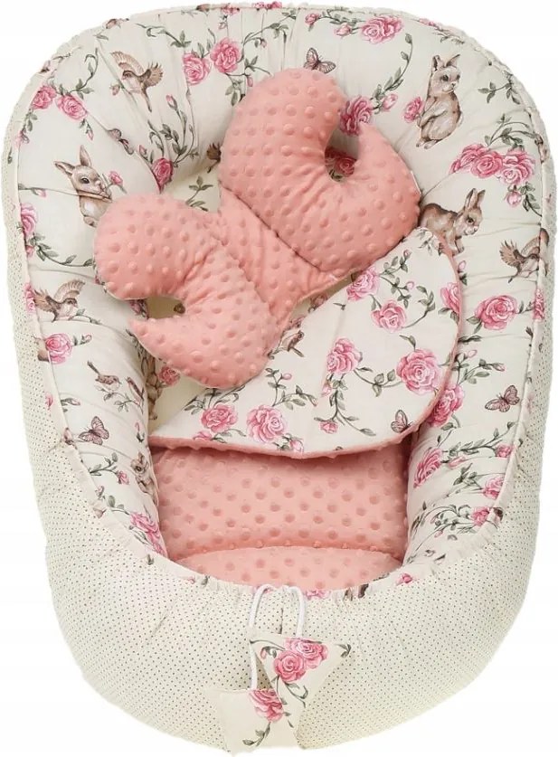 Oboustranné hnízdečko (kokon) pro miminko - BABYMAM PREMIUM set 7v1 - Tajemná zahrada s meruňkovou minky