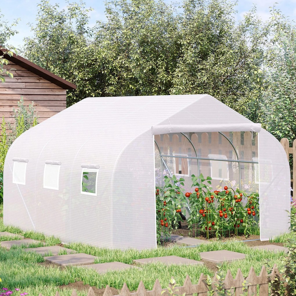 Fóliový skleník Outsunny 3,5x3x3m s UV ochranou, odolný proti větru, síťované okno, ideální pro rajčata a rostliny na zahradě nebo balkoně, kov, bílý…
