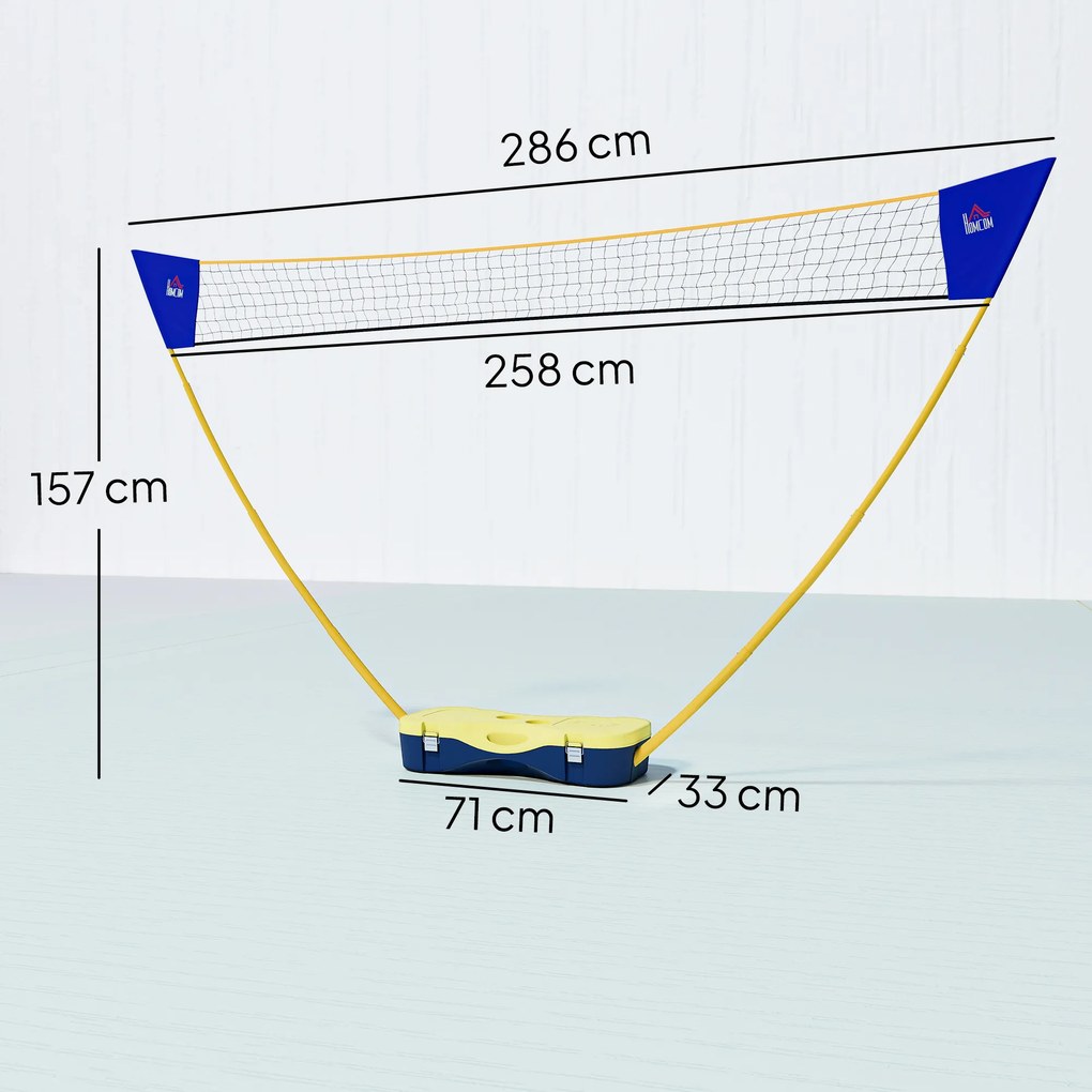 HOMCOM Badmintonová síť se stojanem, přenosný stojan na badminton, včetně 4 badmintonových raket, žlutá a modrá | Aosom.de