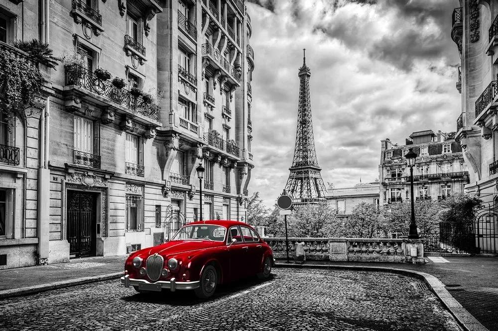 Samolepící fototapeta červené retro auto v Paříži - 300x200 cm