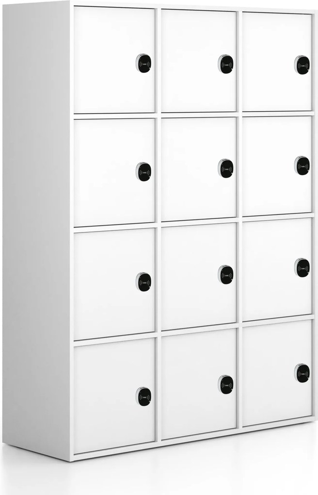 Kancelářská skříň FRAME, 12x dveře, 1299 x 450 x 1735 mm, RFID zámek, bílá