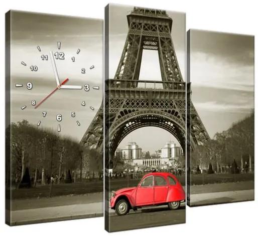 Tištěný obraz s hodinami Červené auto před Eiffelovou věží v Paříži 90x70cm ZP3533A_3C