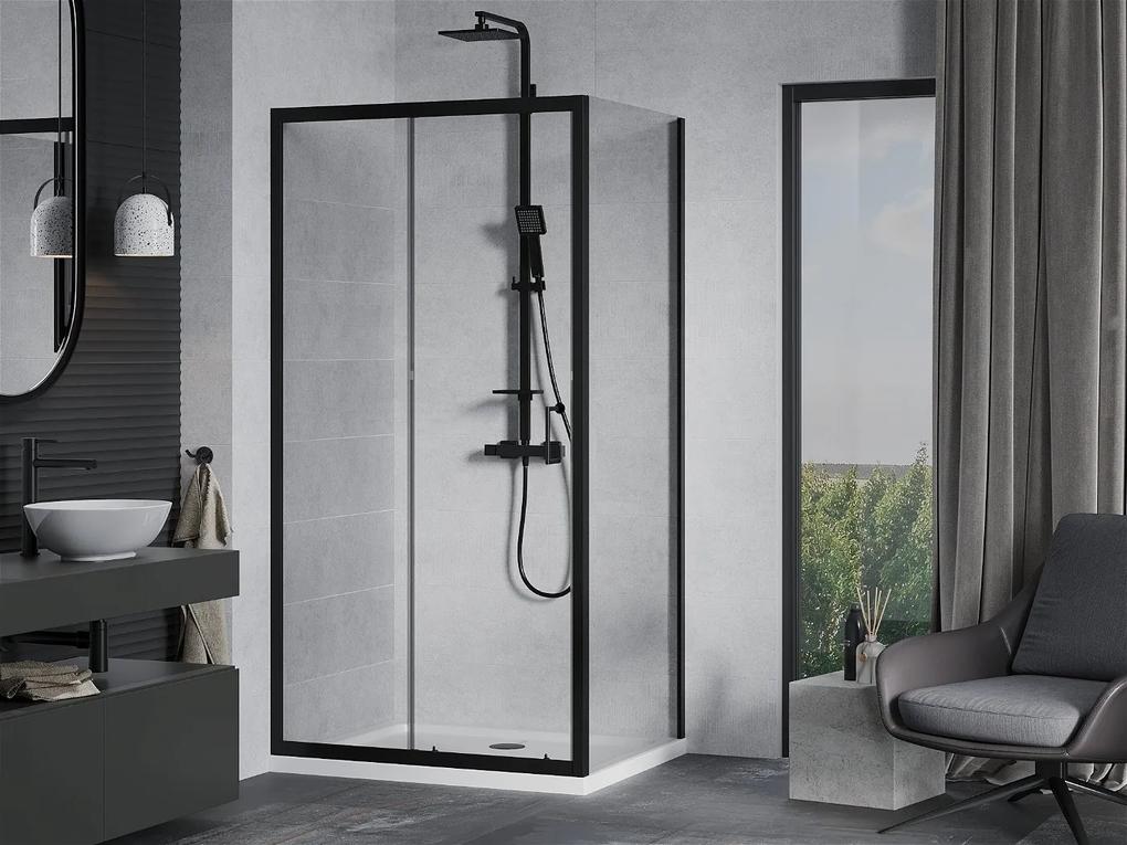 Mexen APIA, sprchový kout s posuvnými dveřmi 140 (dveře) x 100 (stěna) cm, 5mm čiré sklo, černý profil + bílá sprchová vanička, 840-140-100-70-00-4010B