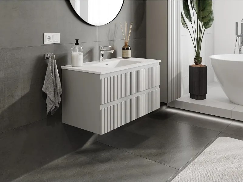 Mexen Rivel, koupelnová skříňka 90 cm s umyvadlem Otis, 2 zásuvky, drážkovaná, šedá matná/bílá, 91A20-09047-2-BFF62-W18M01