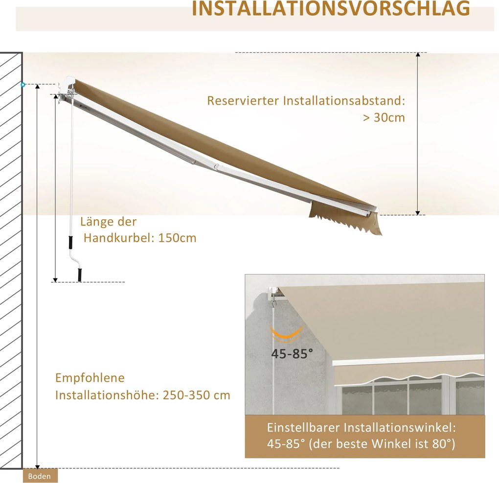 Outsunny ruční markýza se sklopným ramenem Markýza 4 m s ruční klikou Balkonová markýza Ochrana před sluncem Balkonová nástěnná markýza Hliník Bílá+B…