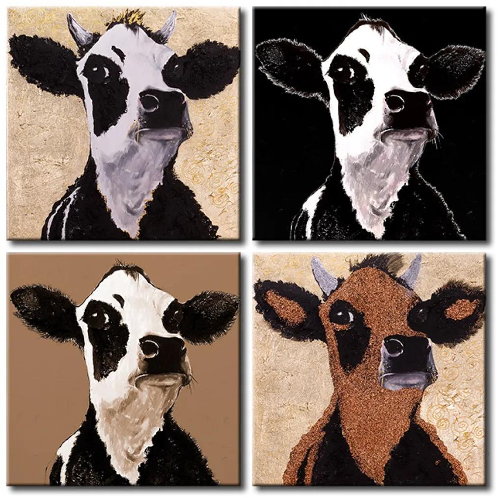 Obraz Kravičky s nugátem (4dílný) - příroda s portréty krávy v barvách