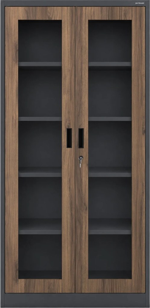 Kovová skříň s vitrínou antracitová, ořech, 900x1850x400 mm: AMELIA Eco Design