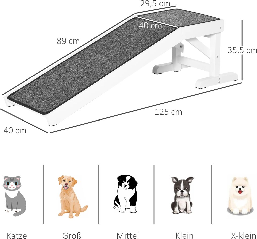 PawHut Rampa pro psy s protiskluzovým kobercem Žebřík pro psy Rampa pro psy do 30 kg Borovicové dřevo Polyester Bílá+Šedá 125 x 40 x 35,5 cm | Aosom