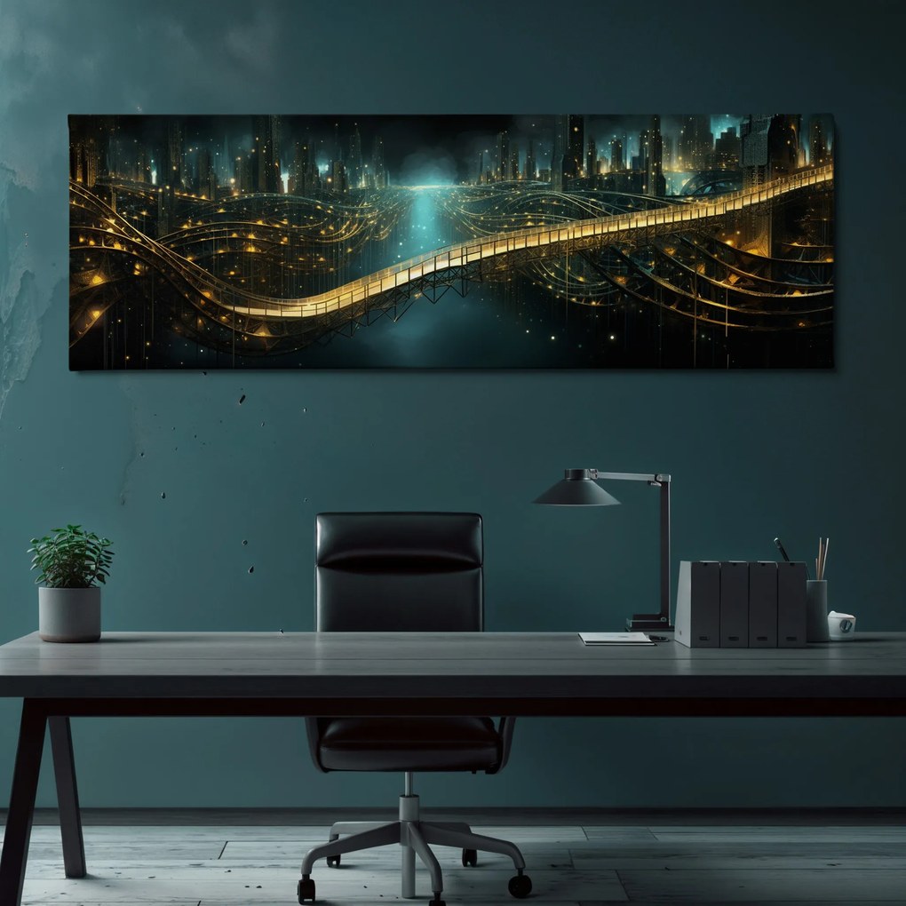 Obraz na plátně - Futuristické město - Přemostění času FeelHappy.cz Velikost obrazu: 120 x 40 cm