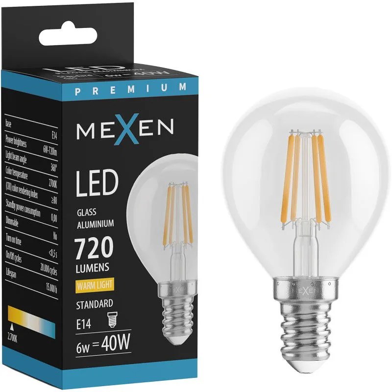 Mexen Vintis LED žárovka filament E14, G45, 6W, Teplá - 2700K, 720 lm, čirá - L156-E14-0627-00