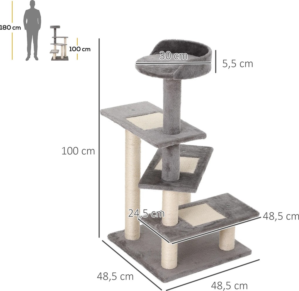 PawHut stabilní kočičí strom, nosnost 15 kg, schody pro kočky, 3 stupně, béžová, šedá, 48,5 x 48,5 x 100 cm | Aosom